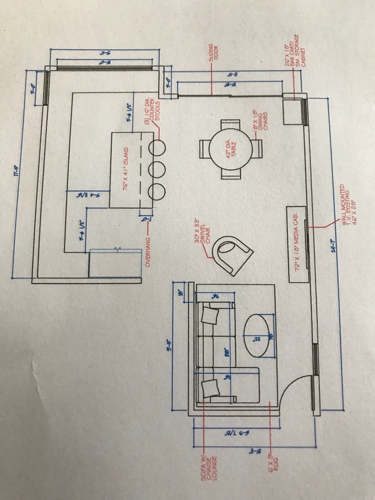 Tricky layout for new kitchen/tv/table area