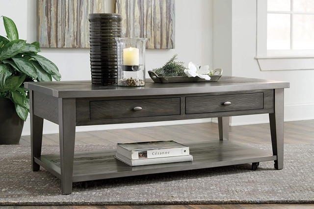 Rustic Two-Tone Coffee Table with Tapered Legs, Drawers, and Lower ...