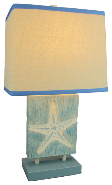 Blue and White Starfish Table Lamp with Linen Look Shade, Large - Beach ...