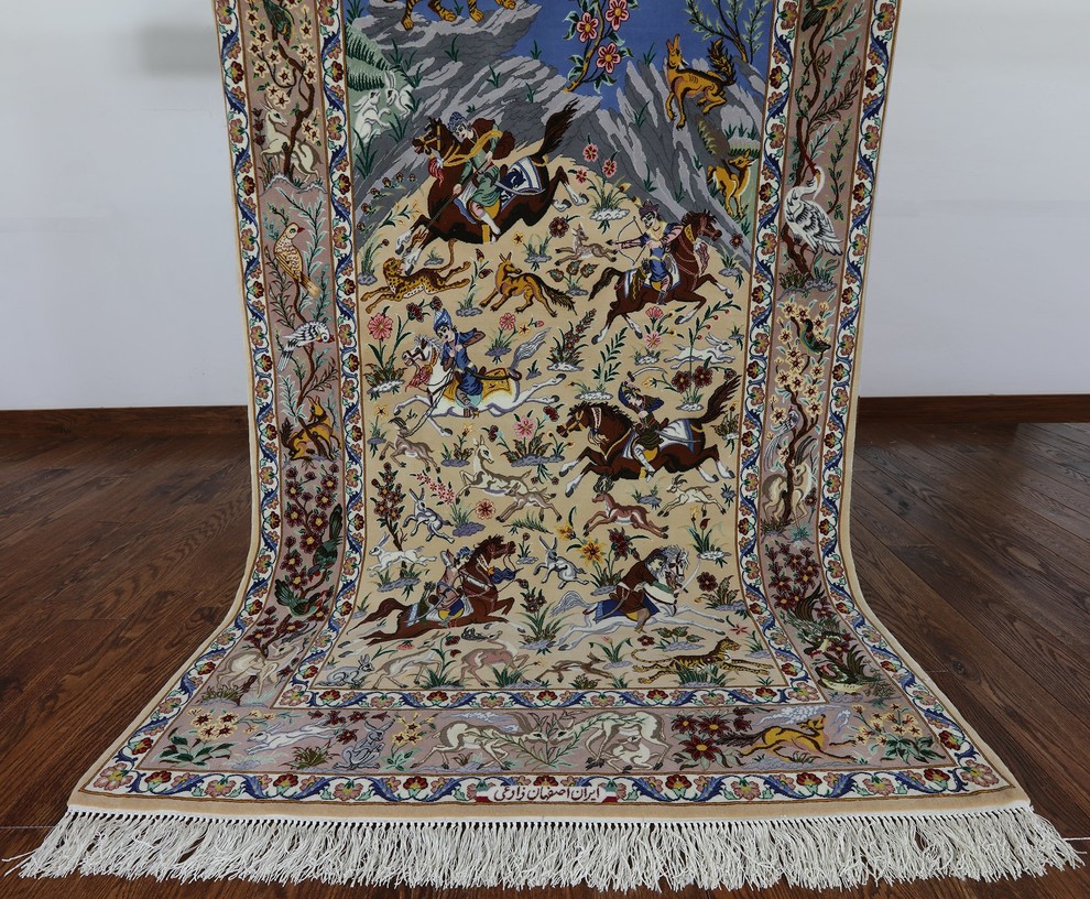 Authentic Hunting Scene Persian Isfahan Wool and Silk Signed Area Rug ...