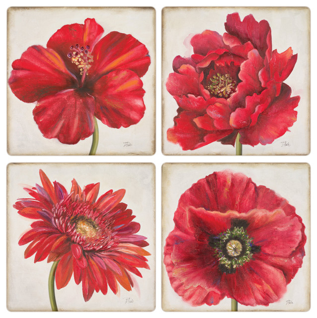 Red Florals Stone Coasters, Set of 8, 4.5x1.38x1.38 - Traditional ...