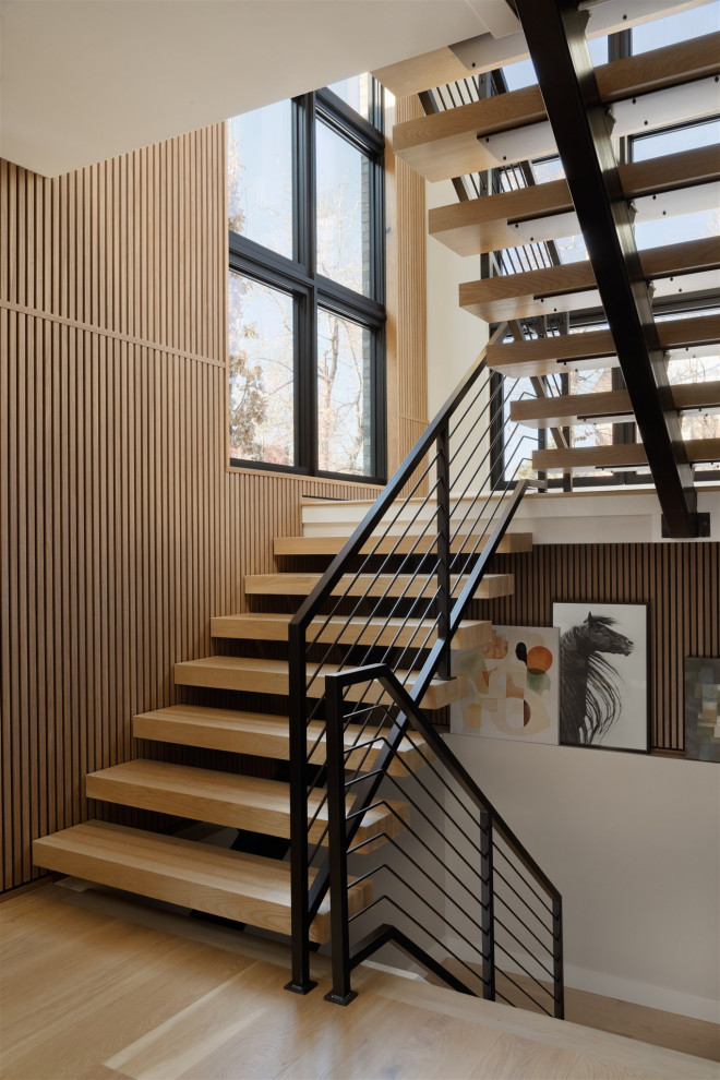 Modern Floating Staircase with Wood Slat Walls - Contemporary ...