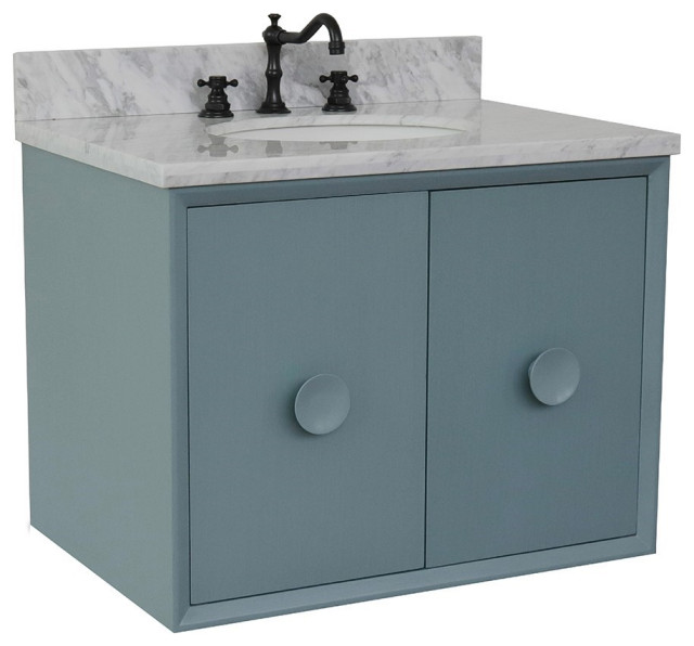 31" Single Wall Mount Vanity, Aqua Blue Finish With White Carrara Top ...