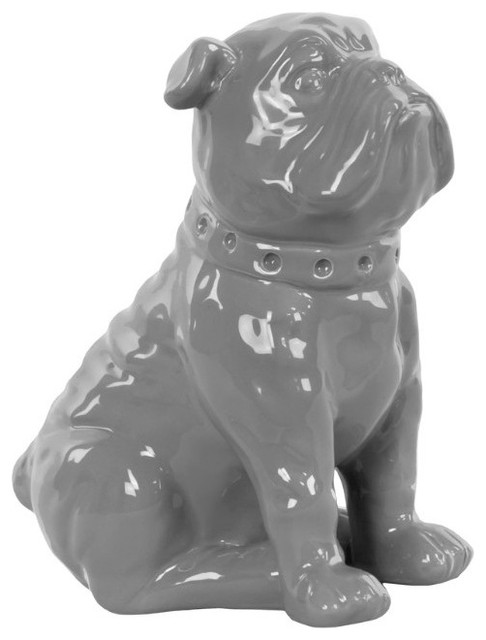 Ceramic Sitting British Bulldog Figurine with Collar, Glossy Gray ...