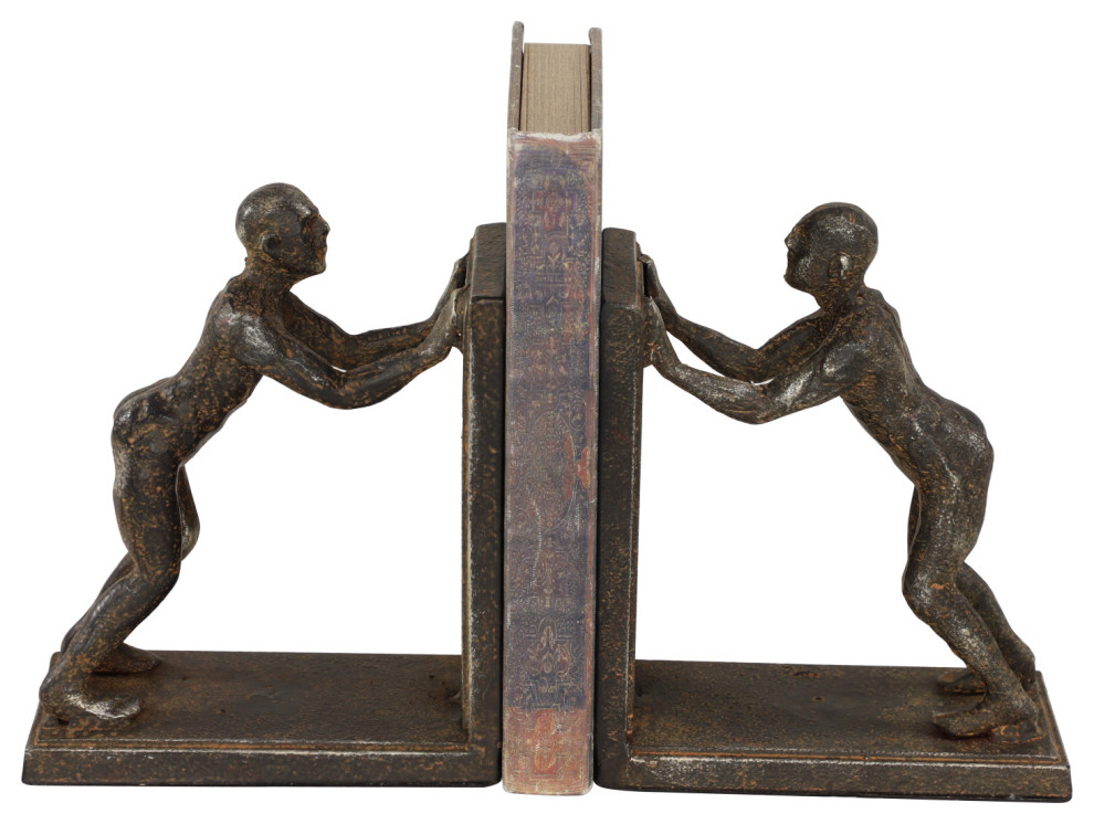 Human Figurines Pushing Brown Metal Bookends - Contemporary - Bookends ...