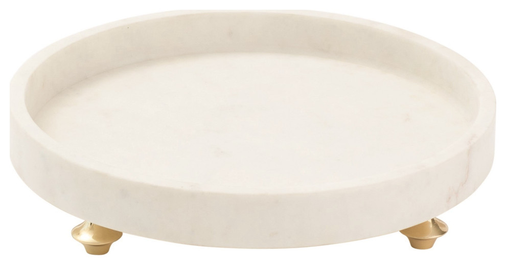 Luxe Classic White Marble Round Tray Brass Feet Gold Footed Pedestal ...