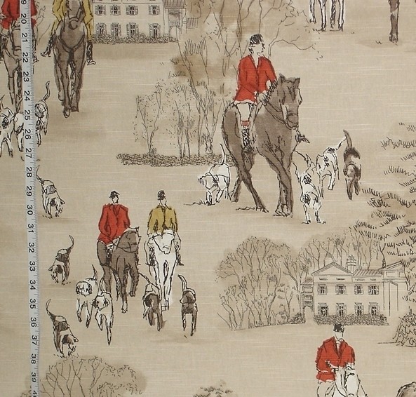 Horse Hunt Fabric Equestrian Hounds Toile Red Gold, Sample Cut ...