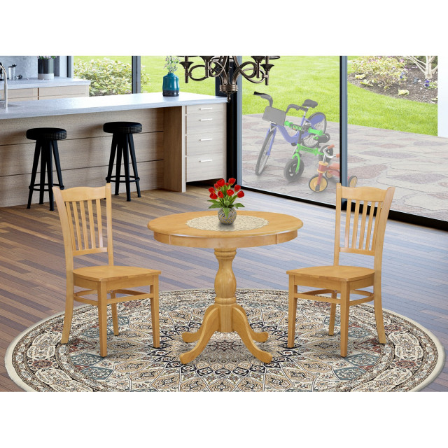 3 Pc Dining Set, 1 Round Pedestal Table, 2 Oak Chairs, Slatted Back ...