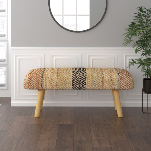 Chindi Boho Chevron Striped Natural Wood Accent Bench, Tan Black Brown ...