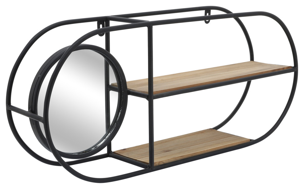 Metal/Wood, 23"L Oval Wall Shelf With Mirror, Black/Brown - Industrial ...