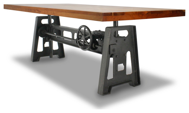 Industrial Dining Table, Cast Iron Base, Adjustable Height Crank ...