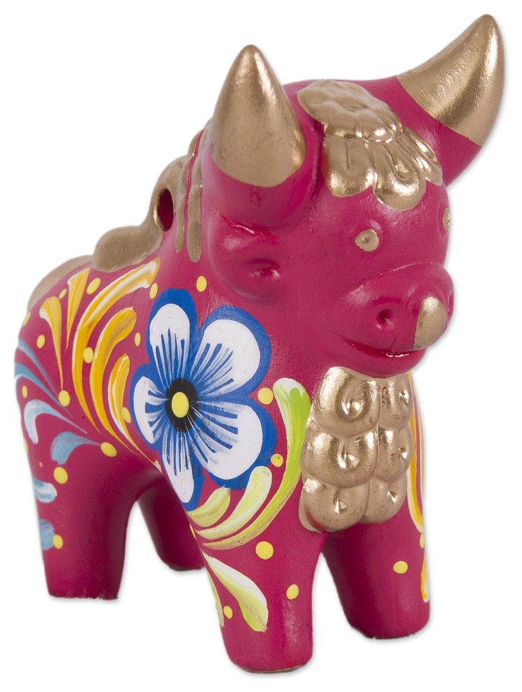 Fuchsia Pucara Bull Ceramic Figurine - Contemporary - Decorative ...