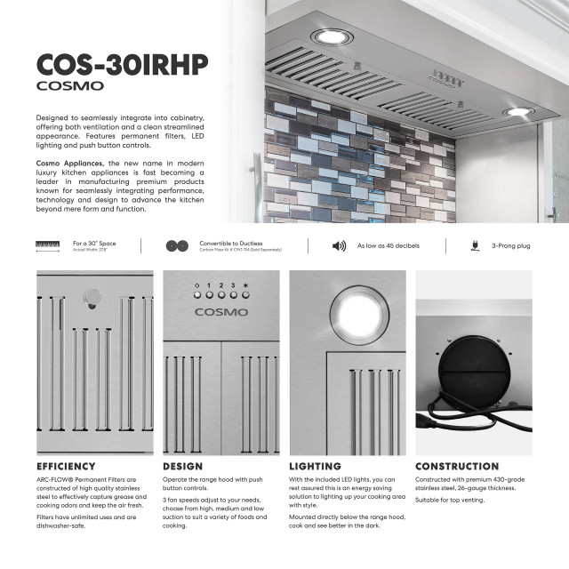 Cosmo 30" Insert Range Hood With Push Button Controls, Stainless Steel - Contemporary - Range ...