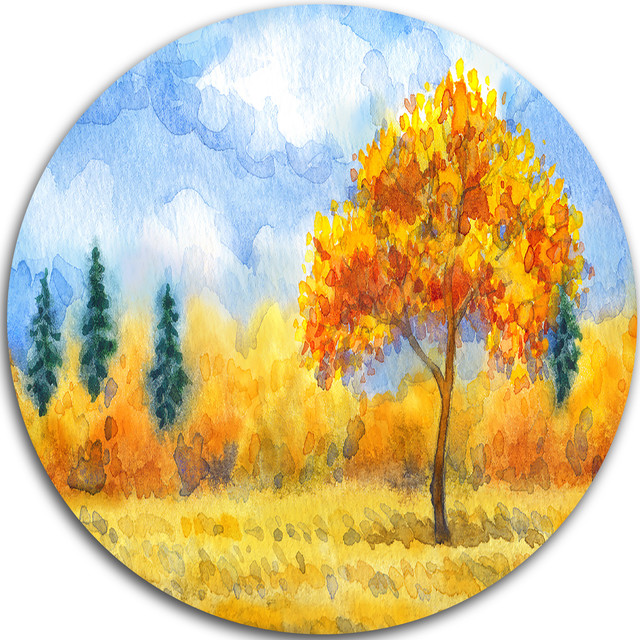 Yellow Trees, Watercolor Painting Landscape Disc Metal Wall Art, Disc ...