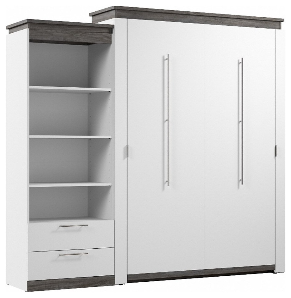 Bestar Orion 95" Queen Murphy Bed and Bookcase with Drawers in White ...
