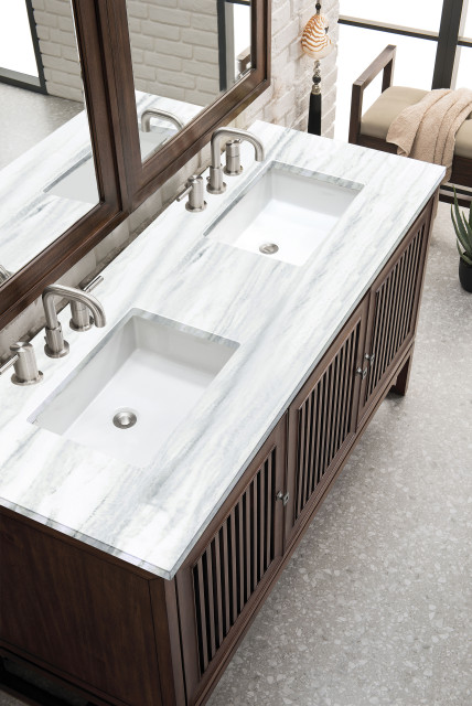 Athens 60" Double Vanity, Mid Century Acacia, Solid Surface Countertop ...