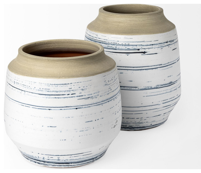 9" Blue White and Sand Coastal Ceramic Vase - Beach Style - Vases - by ...