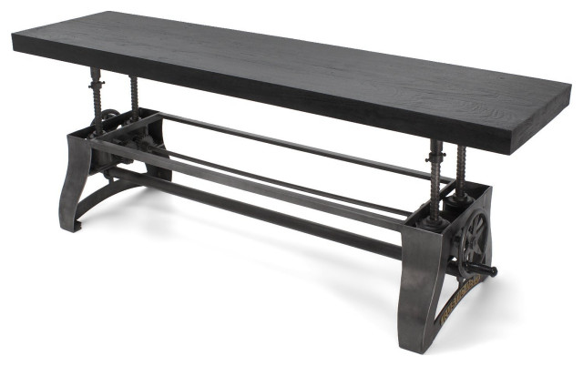 Crescent Industrial Dining Bench - Adjustable Iron Base - Rustic Ebony ...
