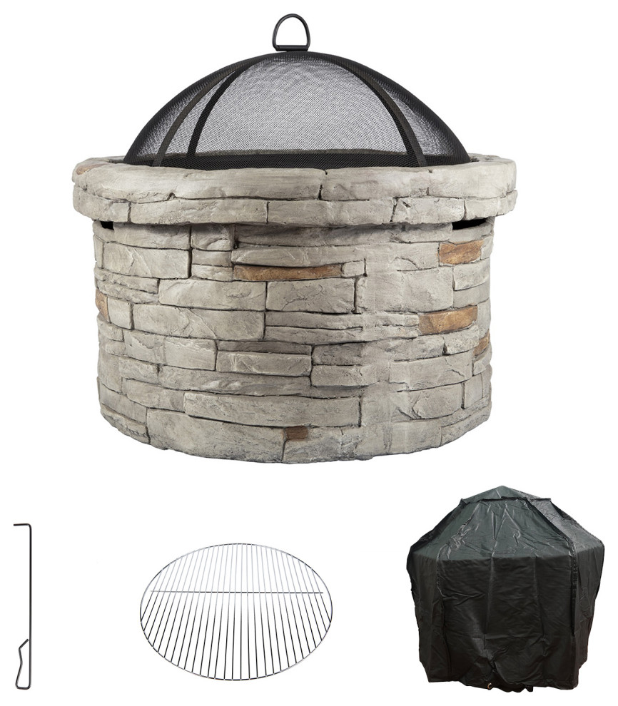 Round Faux Stone Outdoor Fire Pit with Rain Cover - Traditional - Fire ...