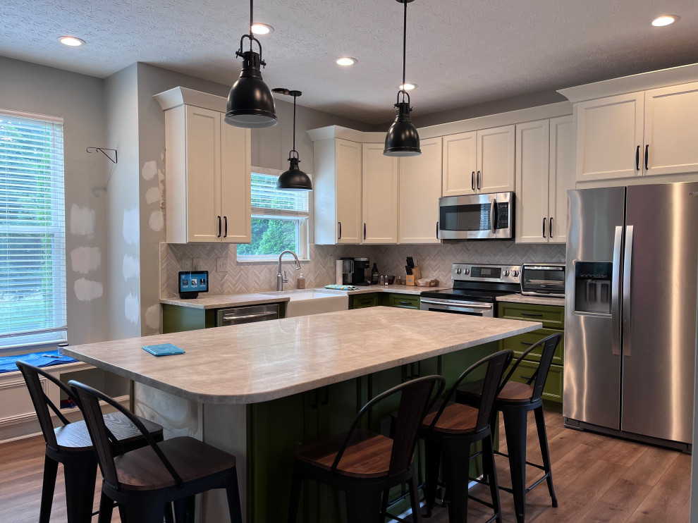 Kitchen wall color with green and off white cabinets?