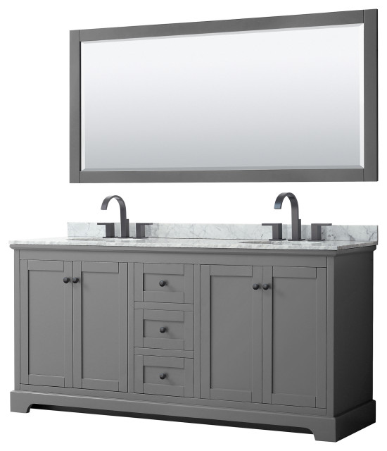 Avery 72" Double Vanity, Dark Gray, Top, Oval Matte Black Trim, 70" Mirror - Transitional ...