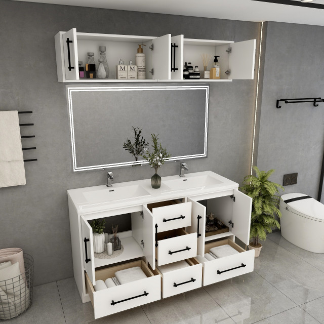 Victoria 60" Solid Wood Vanity Double Sink, Overhead Cabinet ...