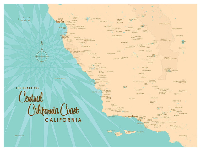by Lakebound Central CA Coast Map Art Print, 9"x12" - Contemporary ...