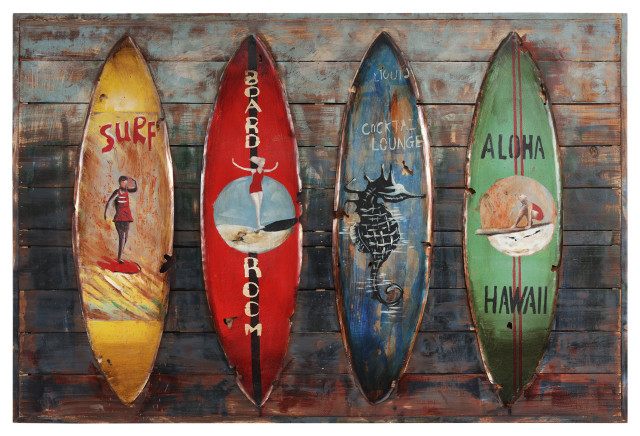 "Surfboards" Handed Painted Iron Wall sculpture on Wooden Wall Art ...