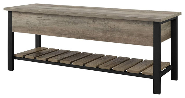 Rustic Farmhouse Storage Bench, Lower Slatted Shelf and Lift Up Top ...