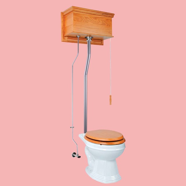 Light Oak Flat High Tank Pull Chain Toilet with White Round Bowl ...