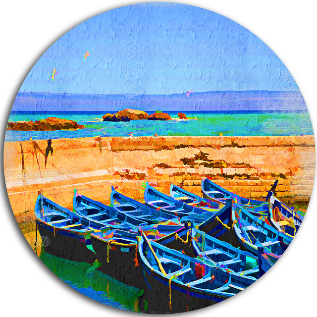 Blue Boats In Sea, Seascape Painting Round Wall Art, Disc of 36 inch ...