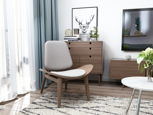 Modern Lounge Shell Wing Chair Padded Seat Dark Solid Wood Base ...