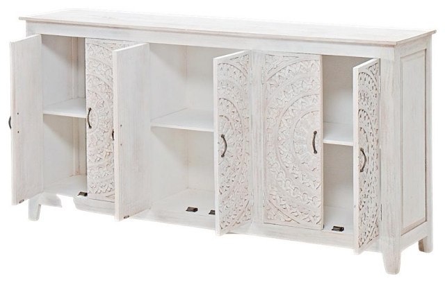 94" Jumbo Extra Large White Wash Bohemian Hand Carved Mandala Sideboard ...