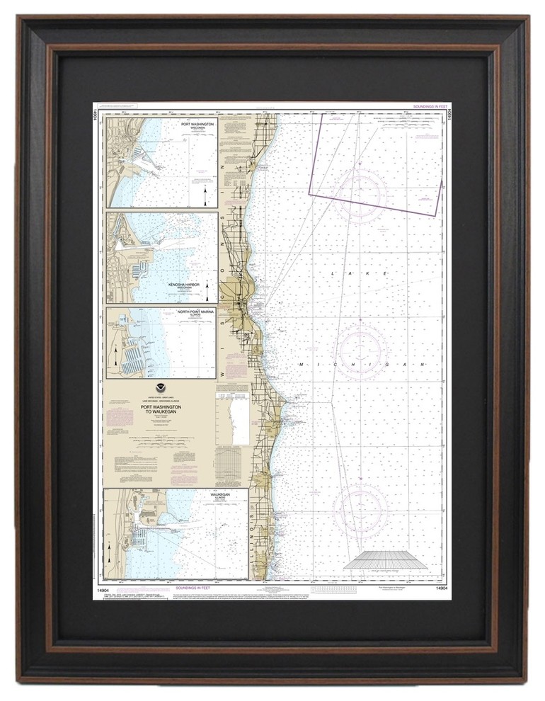 Framed Nautical Chart, Lake Michigan Port Washington to Waukegan, 26x36 ...