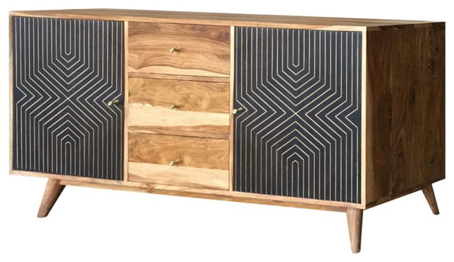 Pemberly Row Rectangular 2 Door Server in Natural Sheesham and Black ...