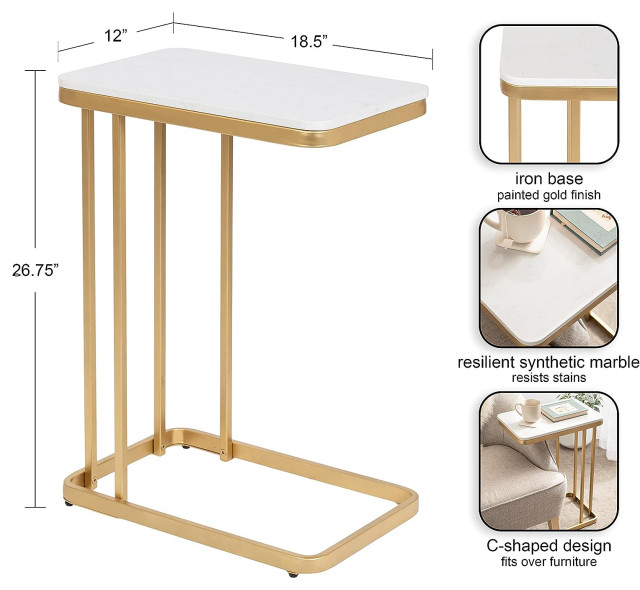 Modern C-Shaped Side Table, Golden Metal Frame With White Cultured ...