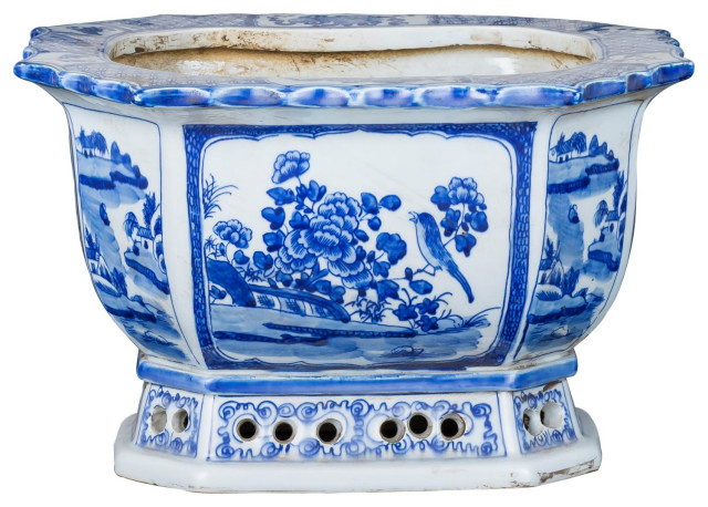 Blue & White Porcelain Octagonal Foot Bath Floral Brid - Asian - Indoor ...