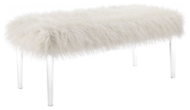 Benzara Luxurious Faux Fur Upholstered Bench with Tapered Legs,Clear ...