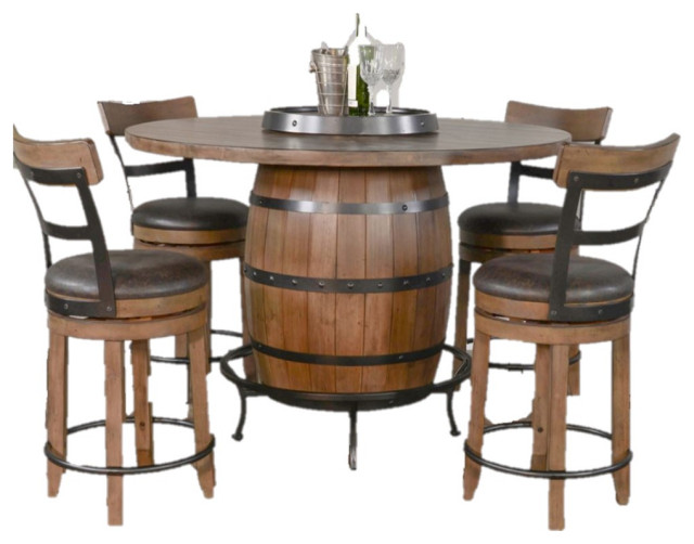Unique Round 54" Counter Height Rustic Barrel Pub Table Warm Walnut ...