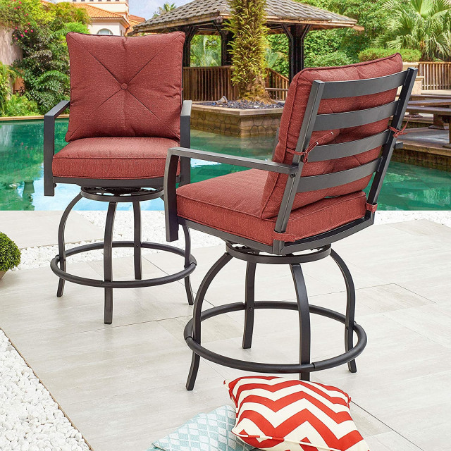 Set of 2 Outdoor Swiveling Bar Stool, Rust Resistant Metal Frame & Red ...