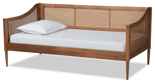 Ogden Mid-Century Brown Finished Wood and Synthetic Rattan Twin Size ...