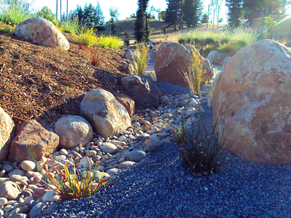 Cobble filled swale collects and directs storm water along driveway ...