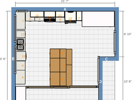 Island size 4x8, 5x8, 4x9, 5x9, or 4x5 (small for corner seating)