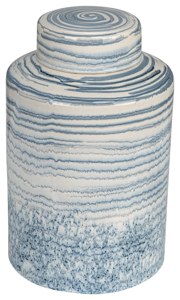 Tall Stoneware Striped Ginger Jar With Reactive Glaze, Blue and White ...