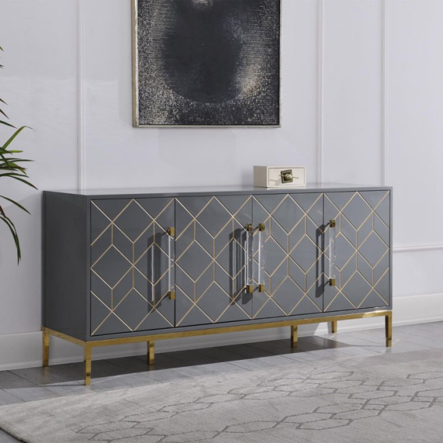Modern Sideboard, Geometric Doors & Acrylic Pulls With Gold Accents ...