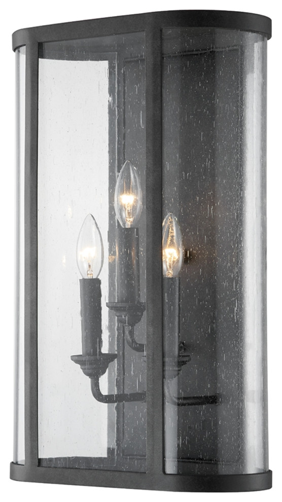 Chace 3 Light Exterior Wall Sconce Large Forged Iron Frame Seeded Glass ...