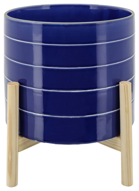 10" Striped Planter With Wood Stand, Navy - Contemporary - Indoor Pots ...