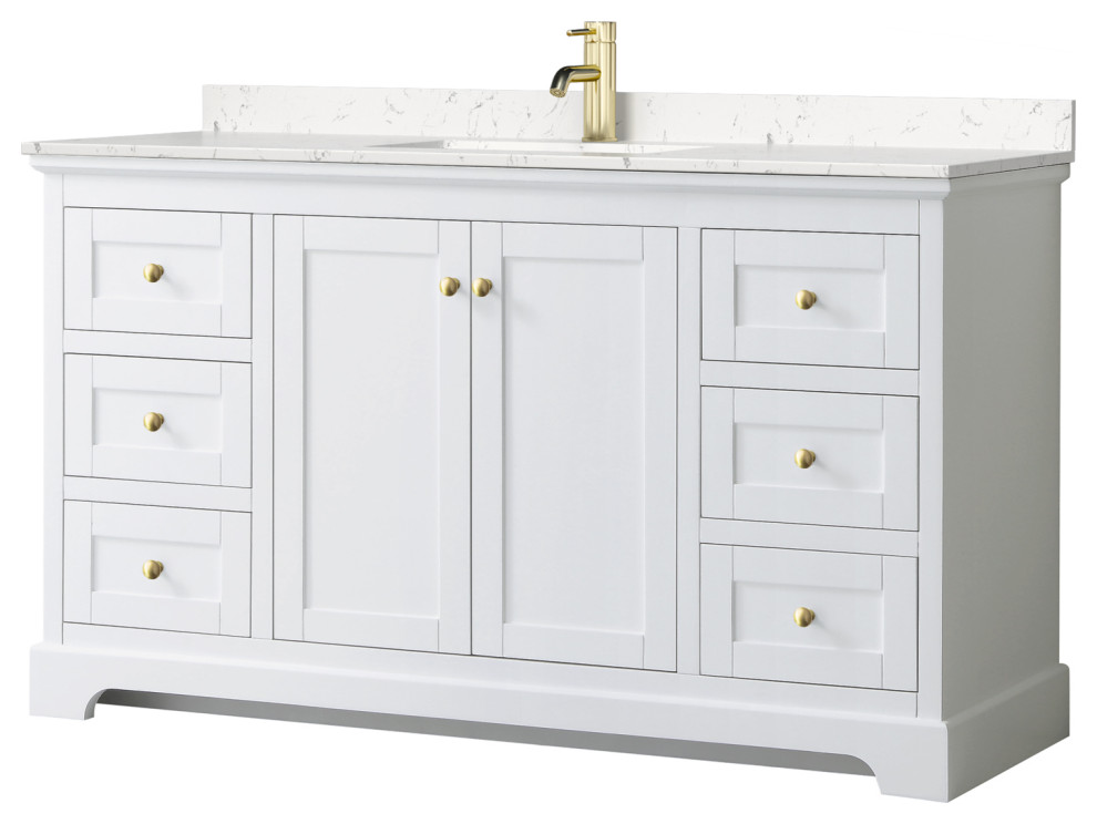 Avery 60" Single Vanity, White, Carrara Cultured Marble Top, Gold Trim ...