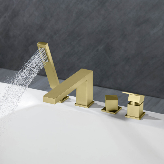 Cube Deck Mounted Bathtub Faucet With Hand Shower - Contemporary - Tub ...