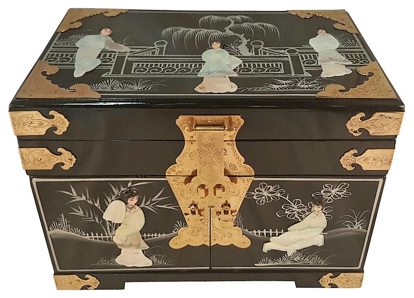 Black Lacquer Oriental Jewelry Box Inlaid With Mother of Pearl, Mirror ...
